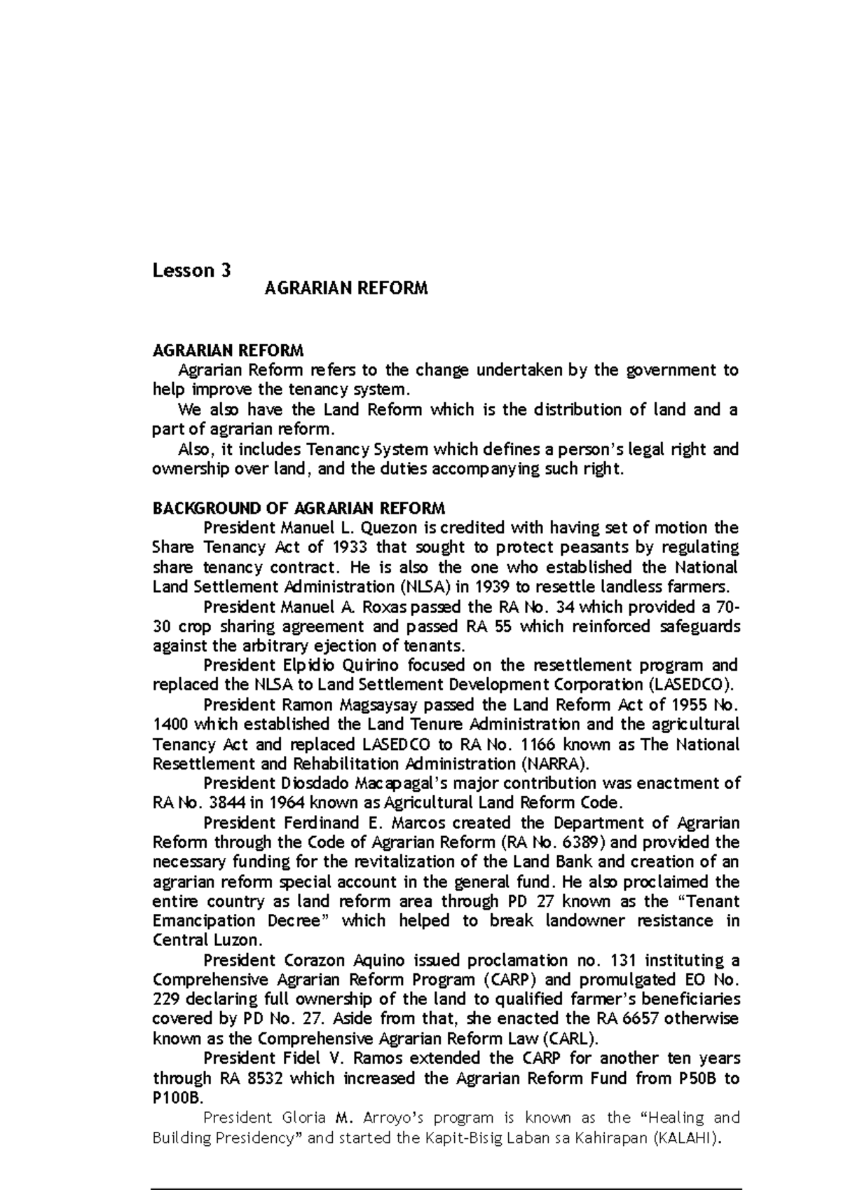 GECC 106 Module 3 Lesson 3: Agrarian Reform in Philippine History - Studocu