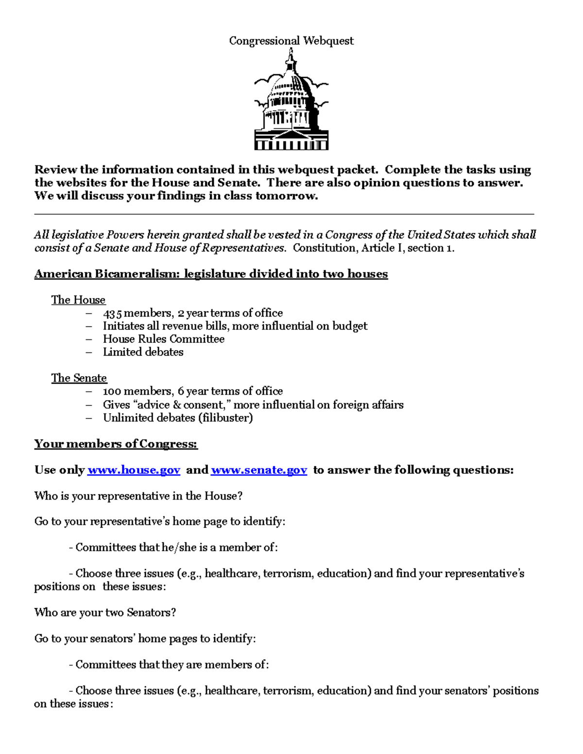 Congressional Webquest: Understanding House & Senate Roles and Members ...