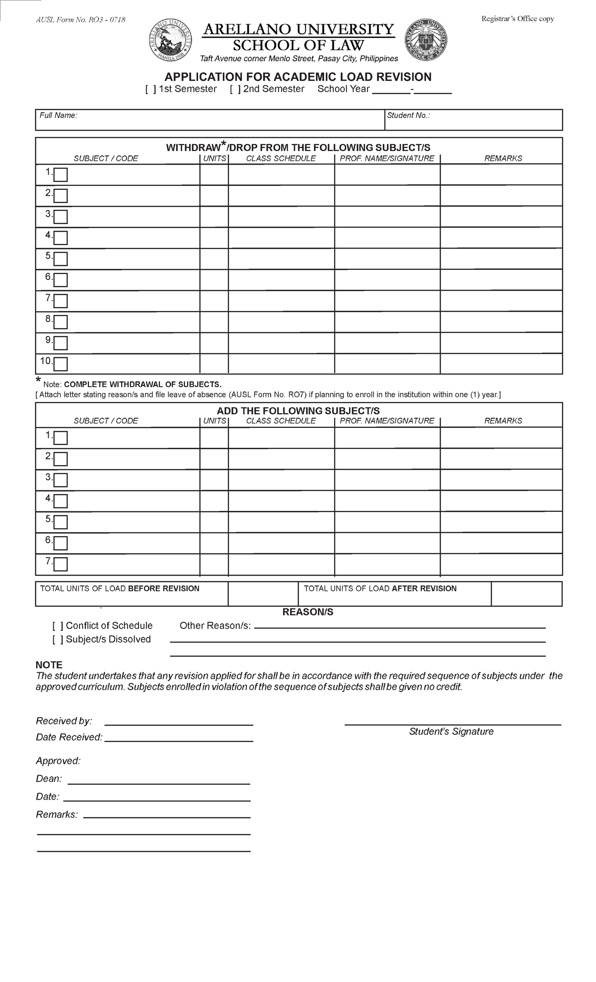 AUSL RO3 - Academic Load Revision Application Form Explained - Studocu