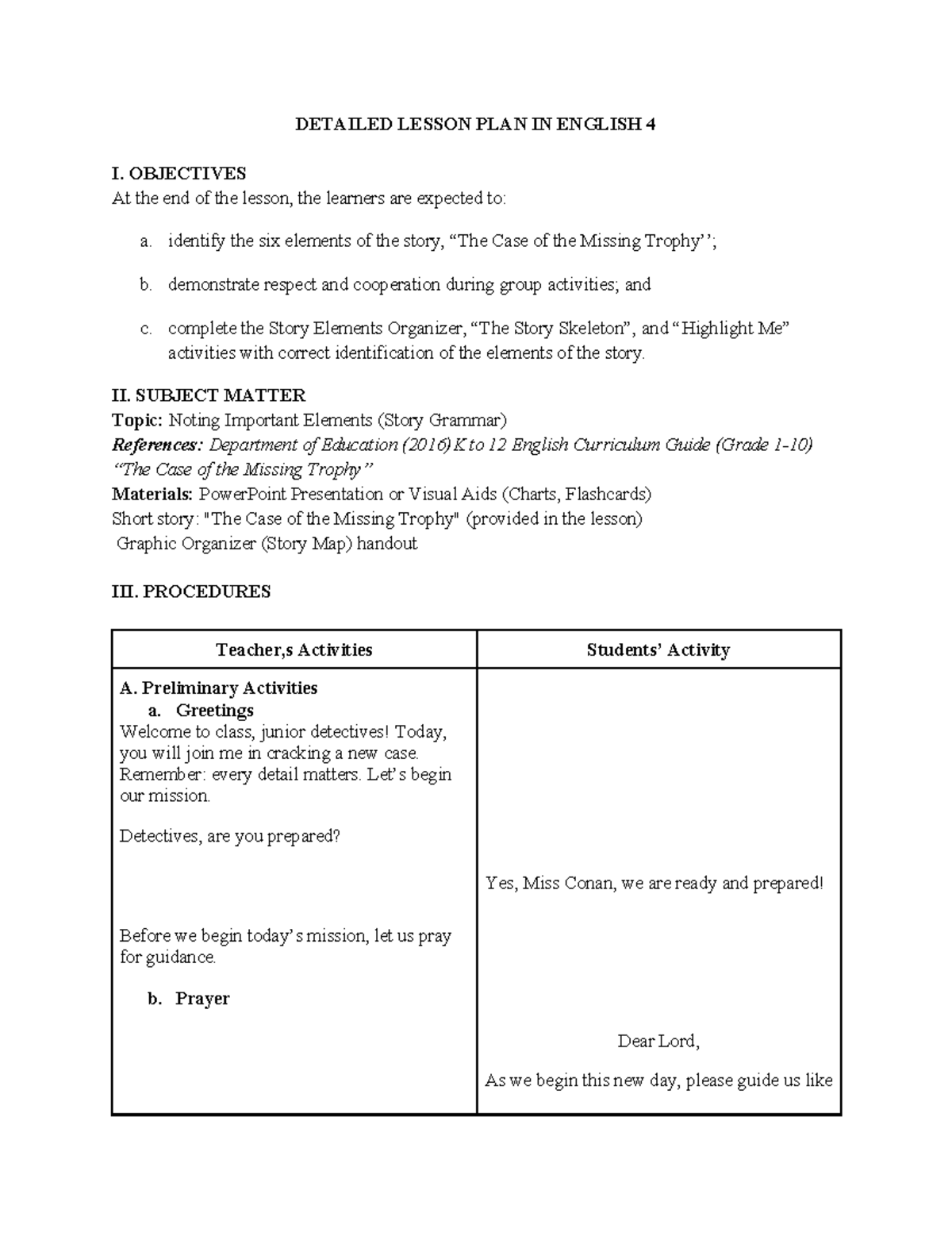 Detailed Lesson Plan in English 4: Story Elements Exploration - Studocu