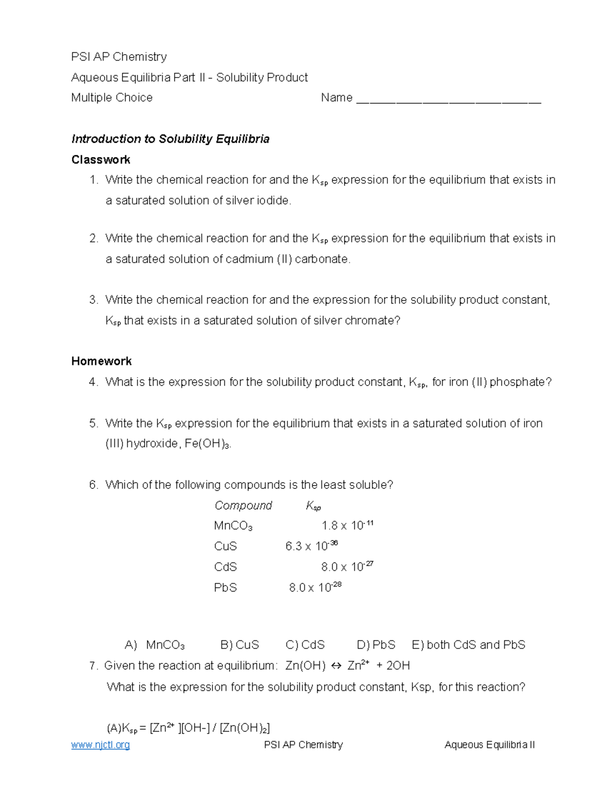 PSI AP Chemistry Aqueous Equilibria II Ksp & Solubility MCQs - Studocu