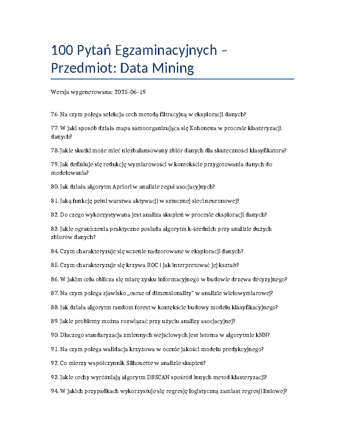 100 Pytań do Egzaminu z Data Mining - Notatki - Studocu