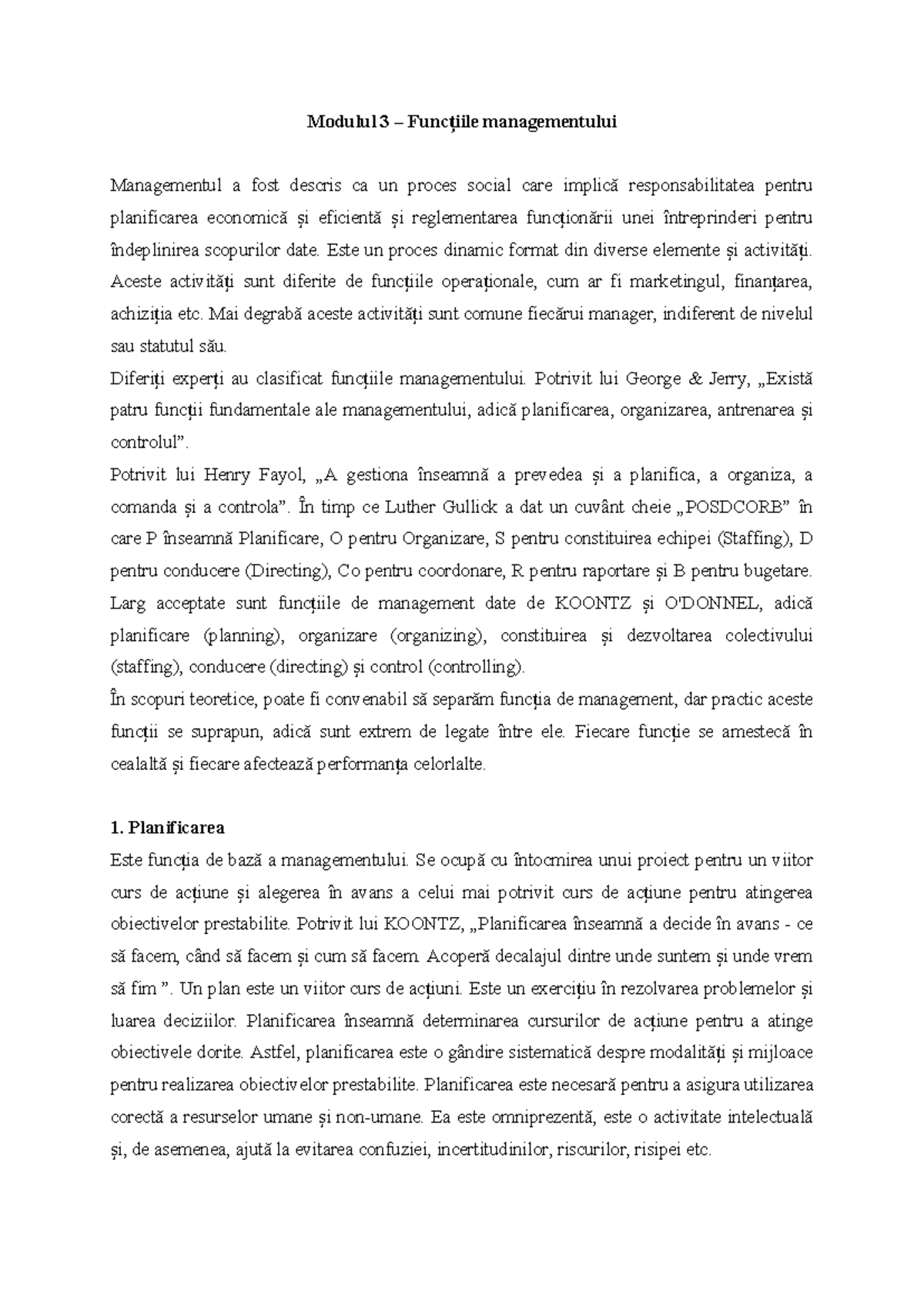 Funcțiile Managementului - Modul 3: Planificare, Organizare, Coordonare ...