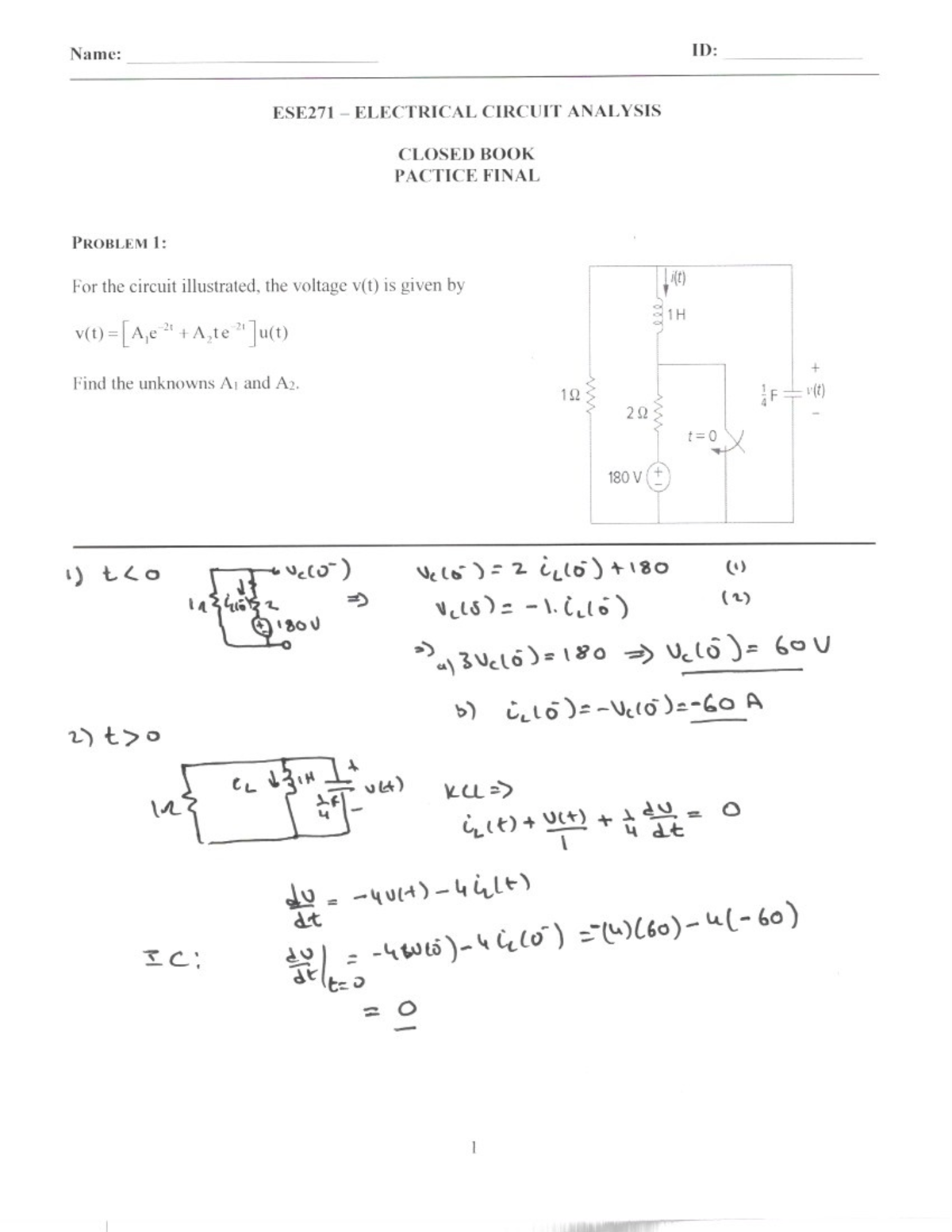 ESE271 Electrical Circuit Analysis Practice Final Solutions - Studocu