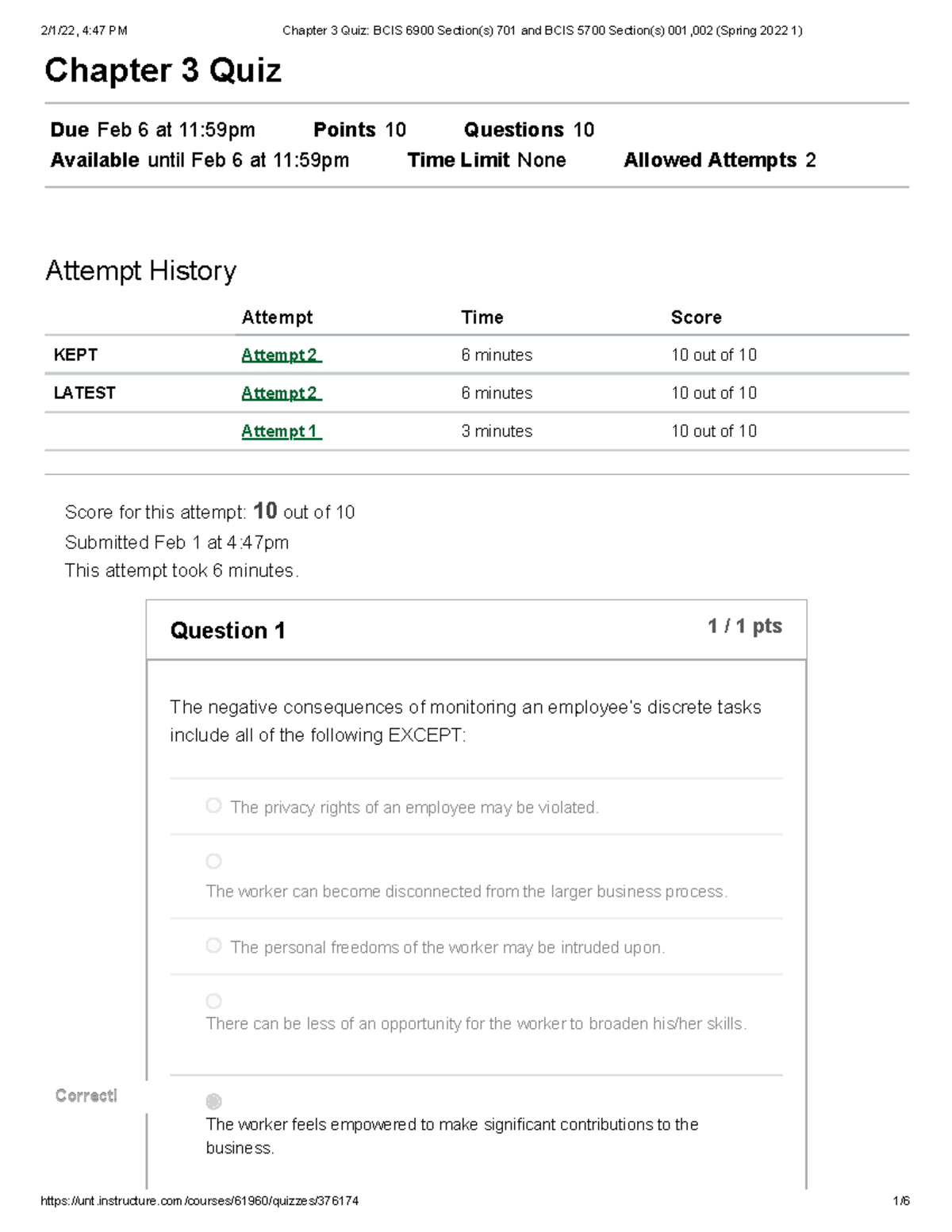 Chapter 3 q2 - quiz - Chapter 3 Quiz Due Feb 6 at 11:59pm Points 10 ...