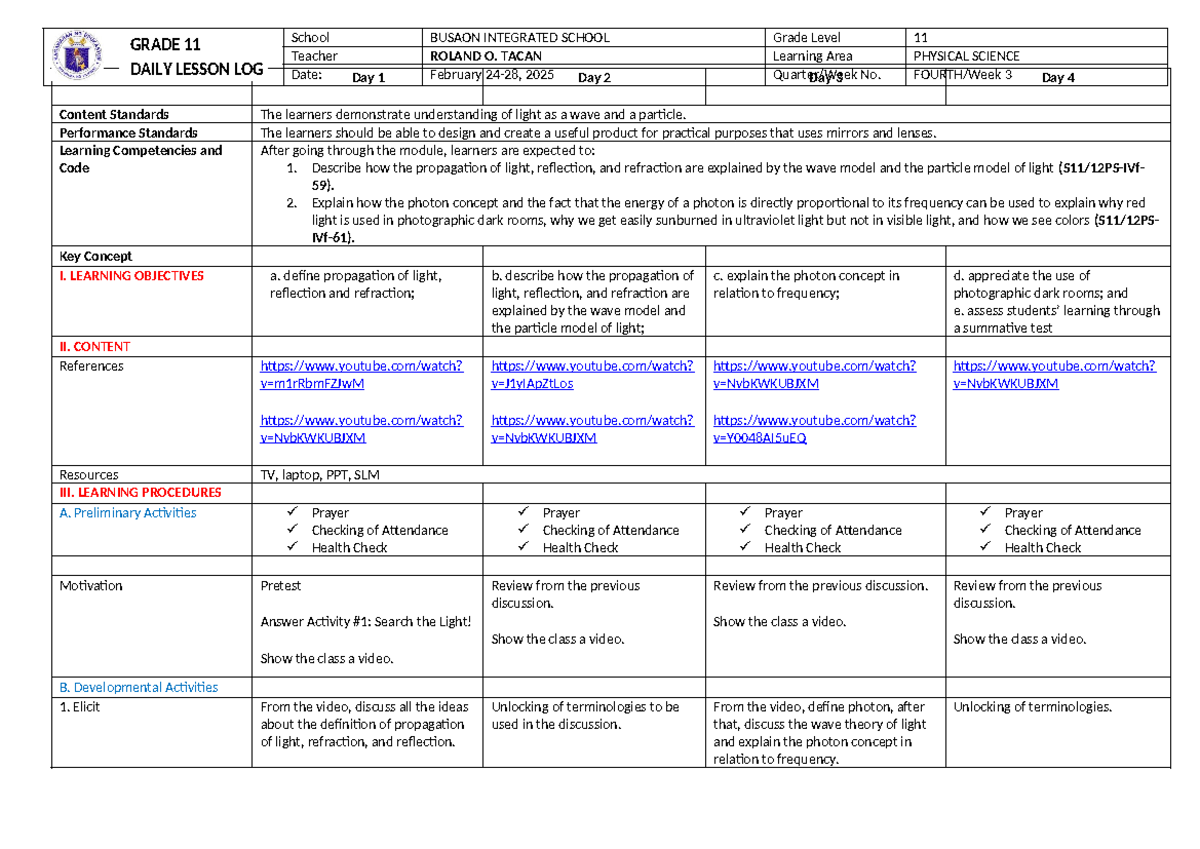 GRADE 11 PHYSICAL SCIENCE DAILY LESSON LOG - WEEK 3 - Studocu