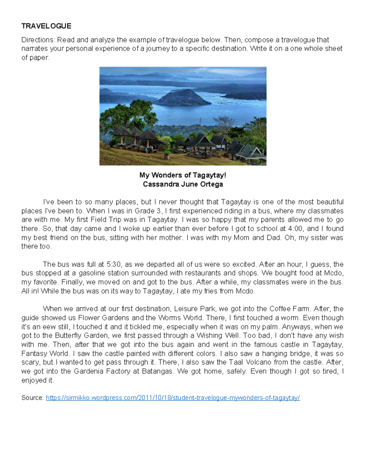 CNF Activity - Travelogue: My Memories of Tagaytay Adventure - Studocu