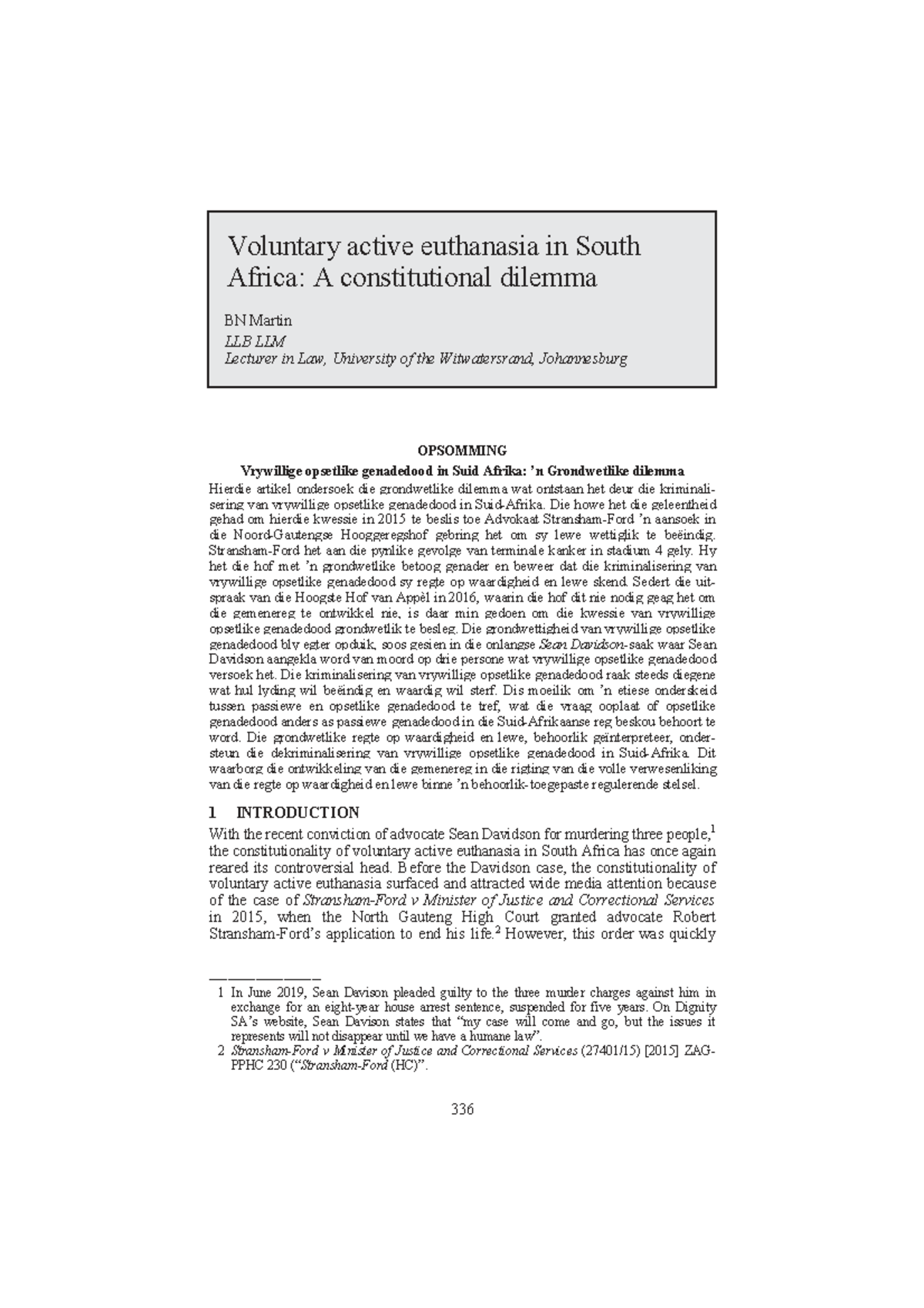 LLB LLM Final Exam Notes: Voluntary Active Euthanasia in SA - Studocu