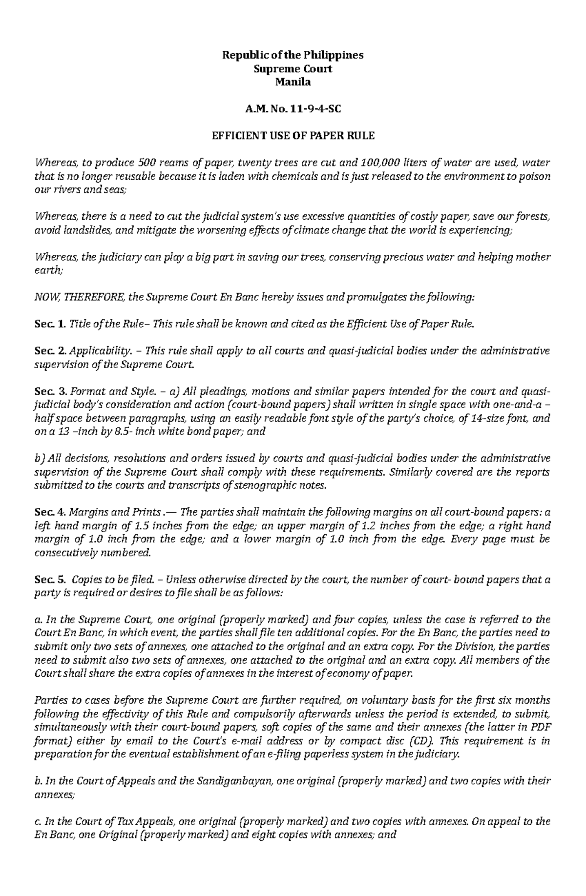 Efficient Use of Paper Rule - A.M. No. 11-9-4-SC Guidelines - Studocu