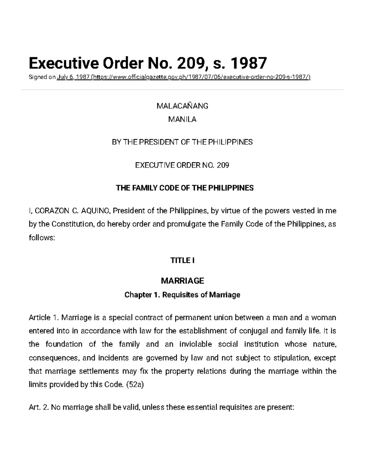 Executive Order No. 209, s. 1987: The Family Code of the Philippines ...