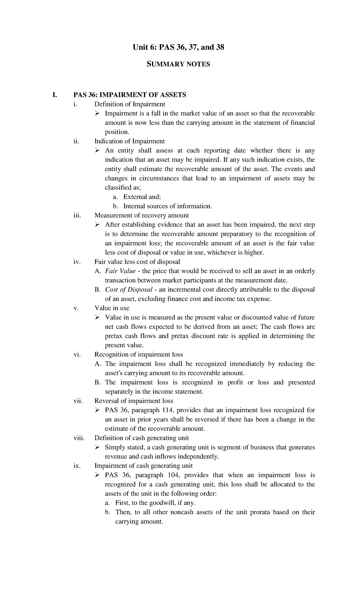 CFAS; PAS 36, PAS 37 and PAS 38 - Unit 6: PAS 36, 37, and 38 SUMMARY ...