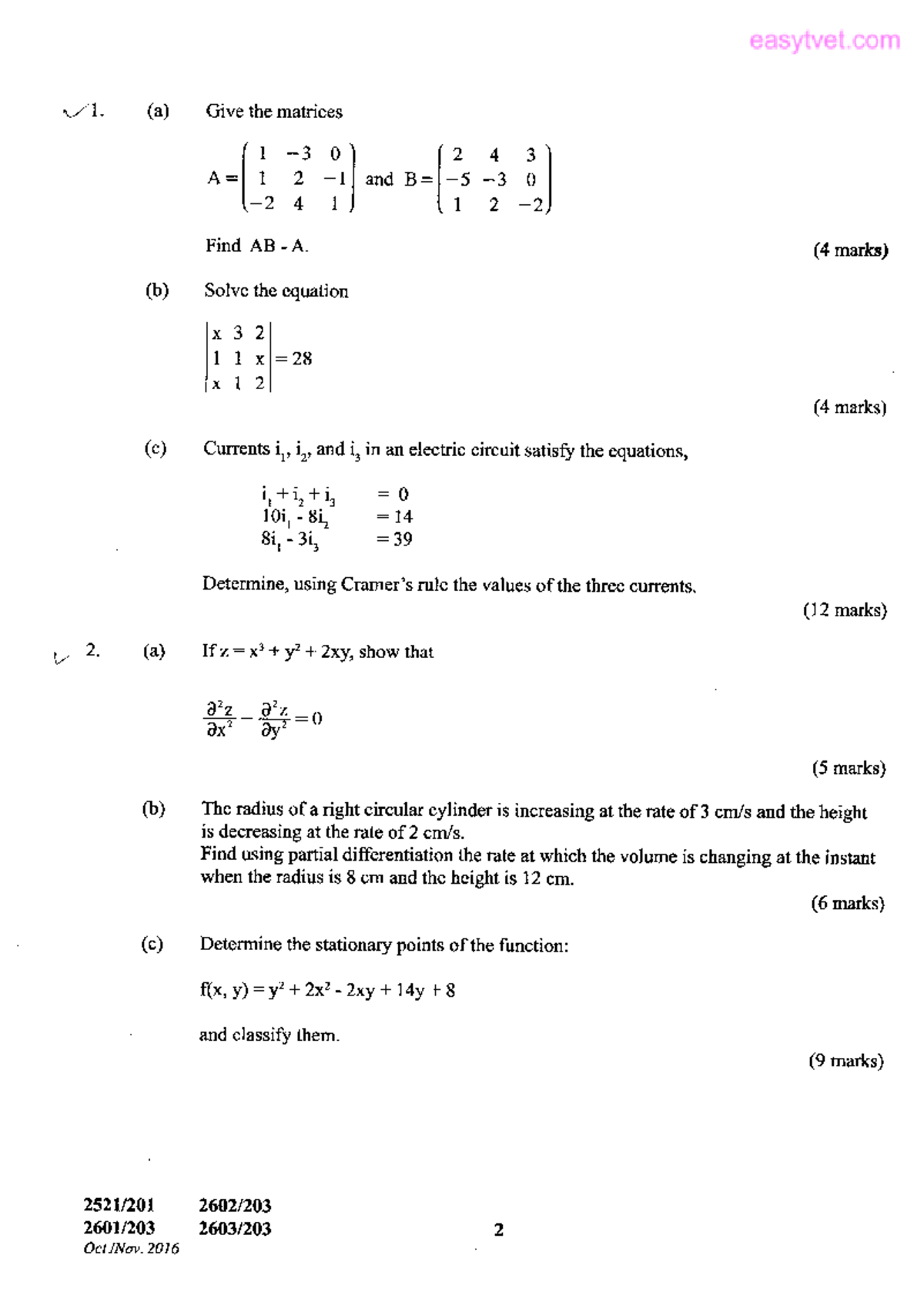 Nov2016 - Answer to the question - easytvet 1. (a) Give the matrices A ...
