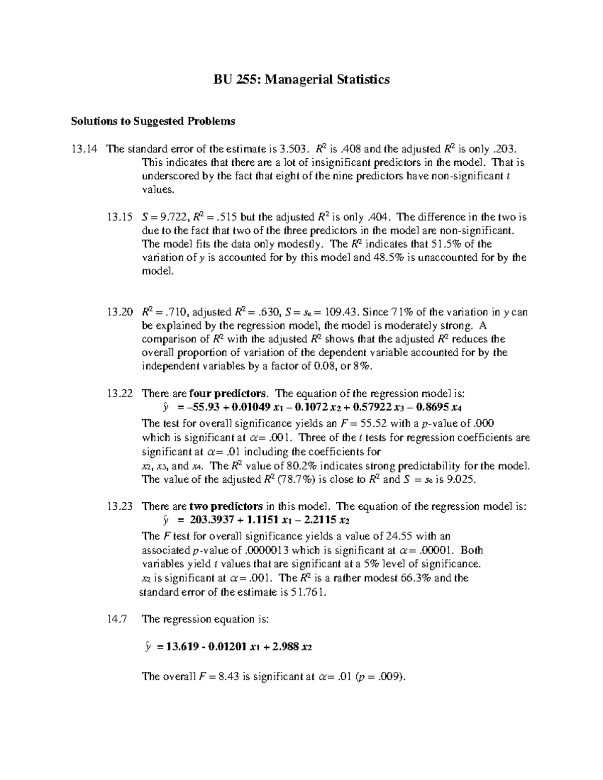 BU 255: Week 12 Managerial Statistics Suggested Problems Solutions - Studocu