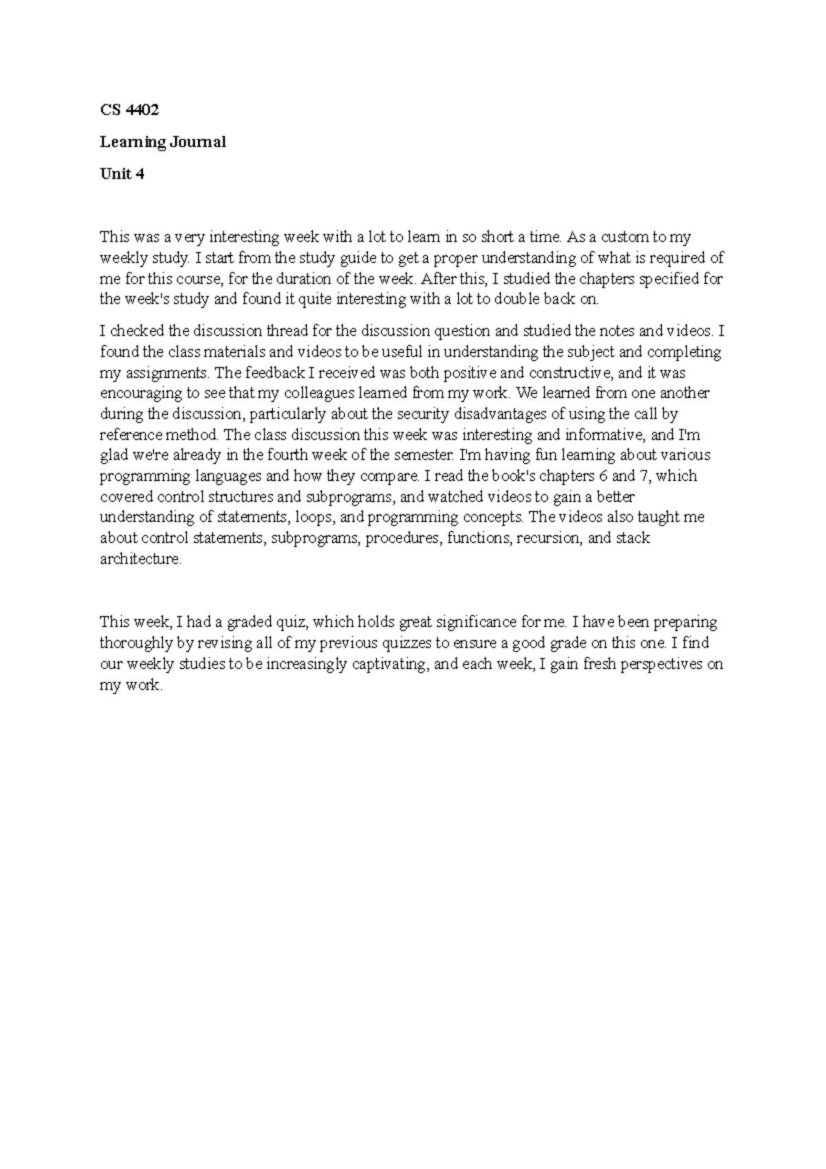 CS 4402 Learning Journal Unit 4 - CS 4402 Learning Journal Unit 4 This ...