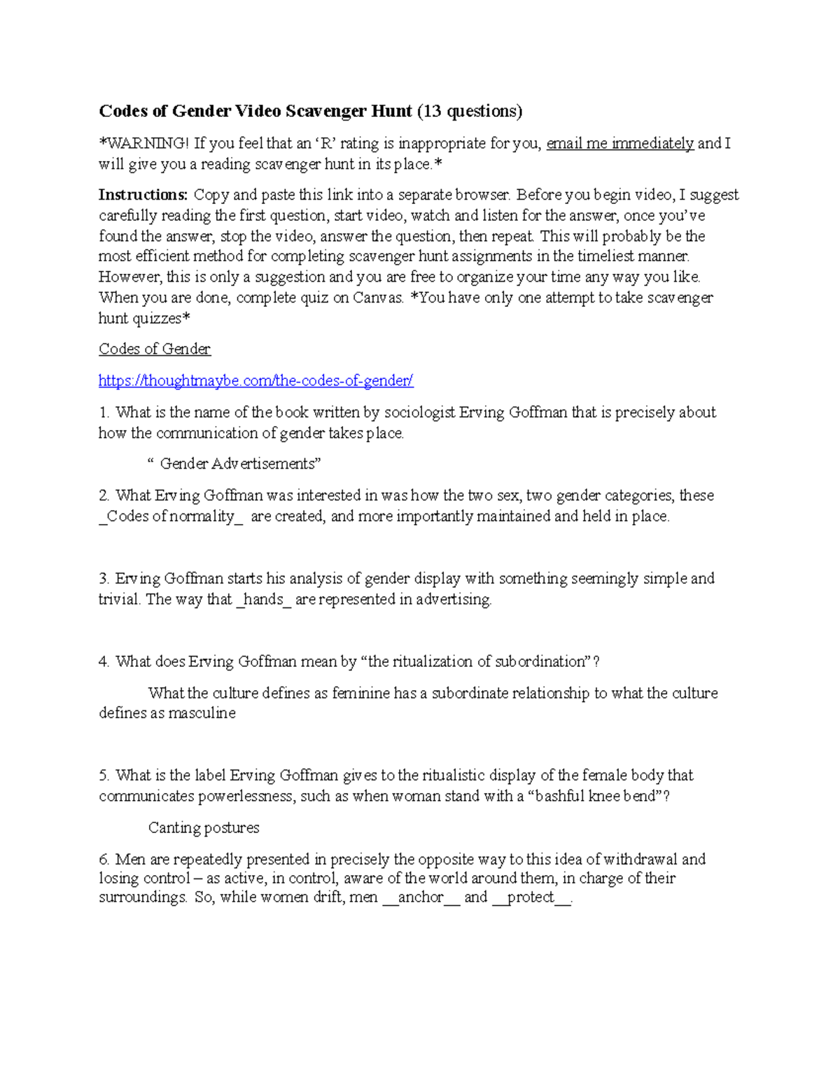 Codes of Gender Video Scavenger Hunt - Study Questions & Insights - Studocu