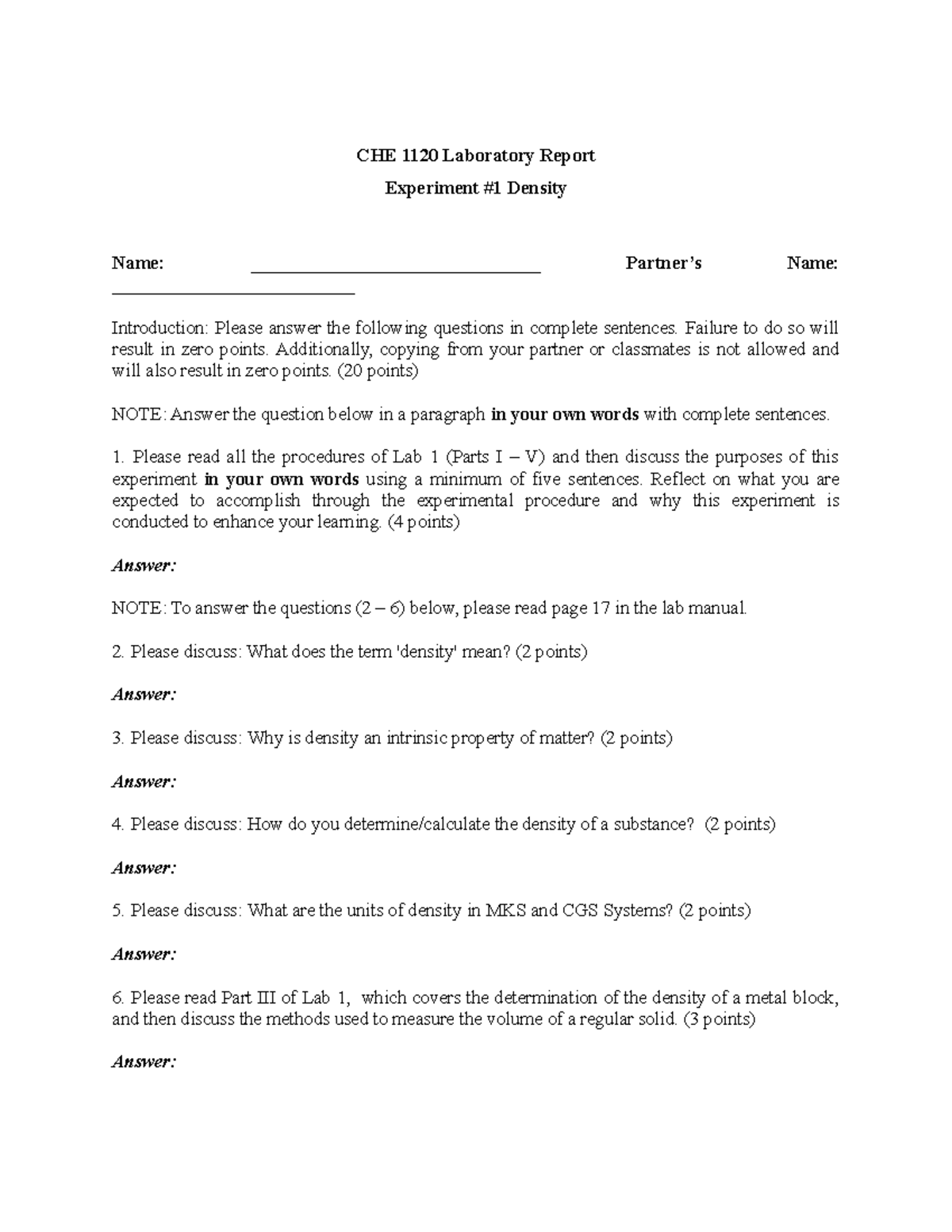 Experiment 1 Density Lab Template - CHE 1120 Laboratory Report Experiment #1 Density Name: - Studocu