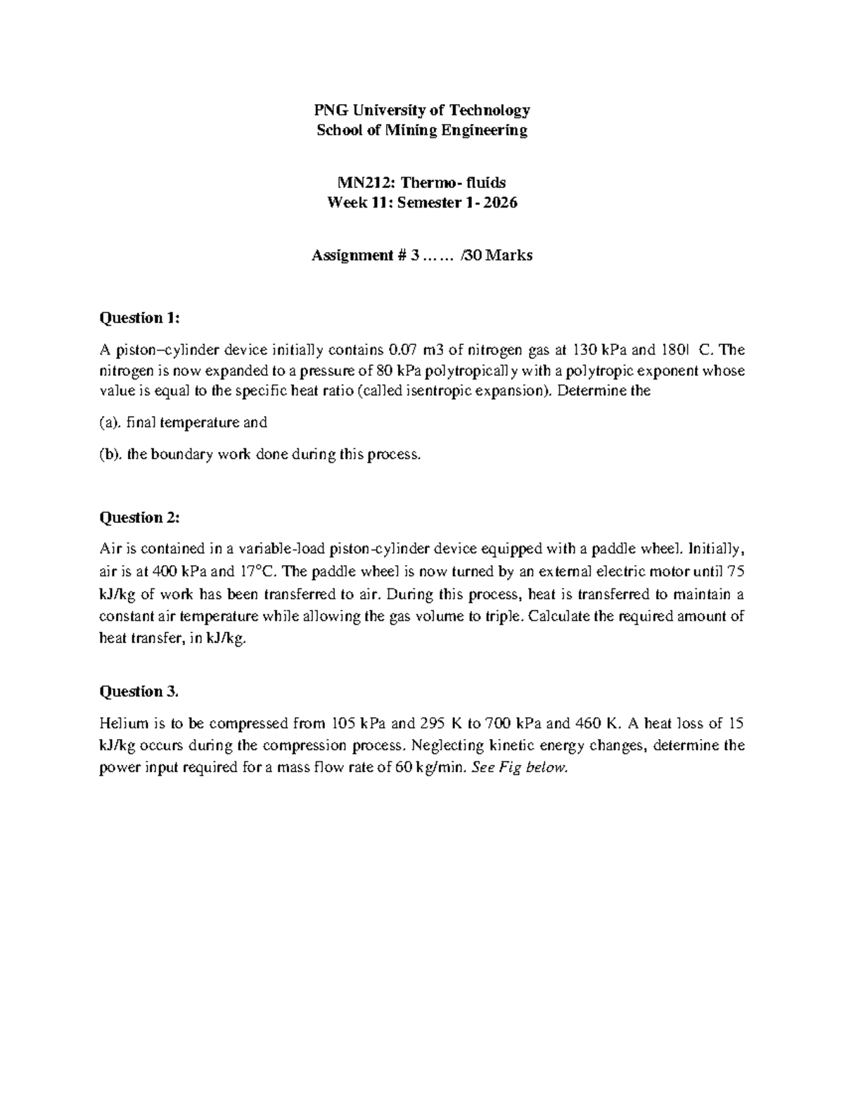 MN212: Thermo-fluids Assignment #3 - 2026 - Studocu
