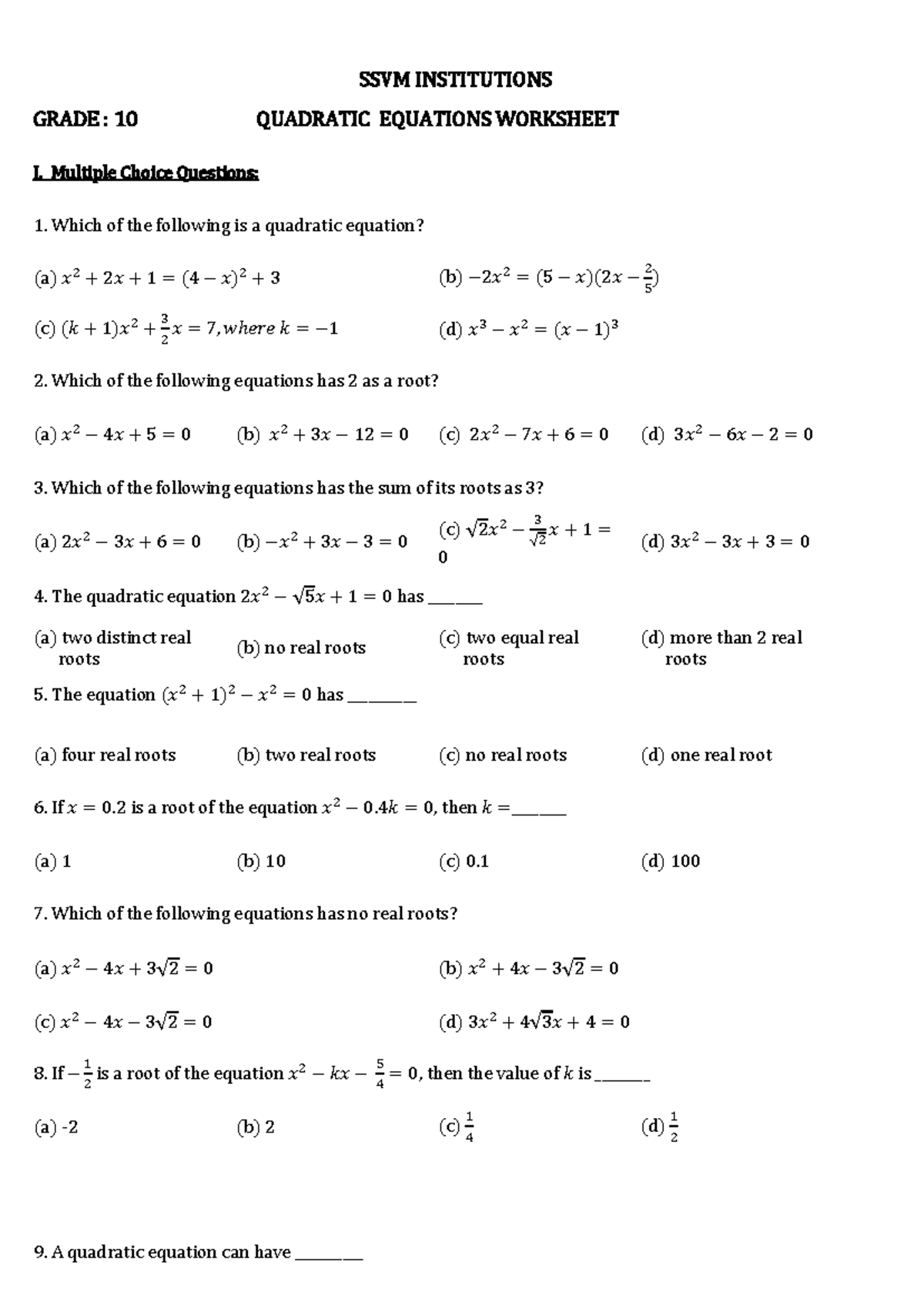 Grade 10 - Quadratic Equations - SSVM INSTITUTIONS GRADE : 10 QUADRATIC ...