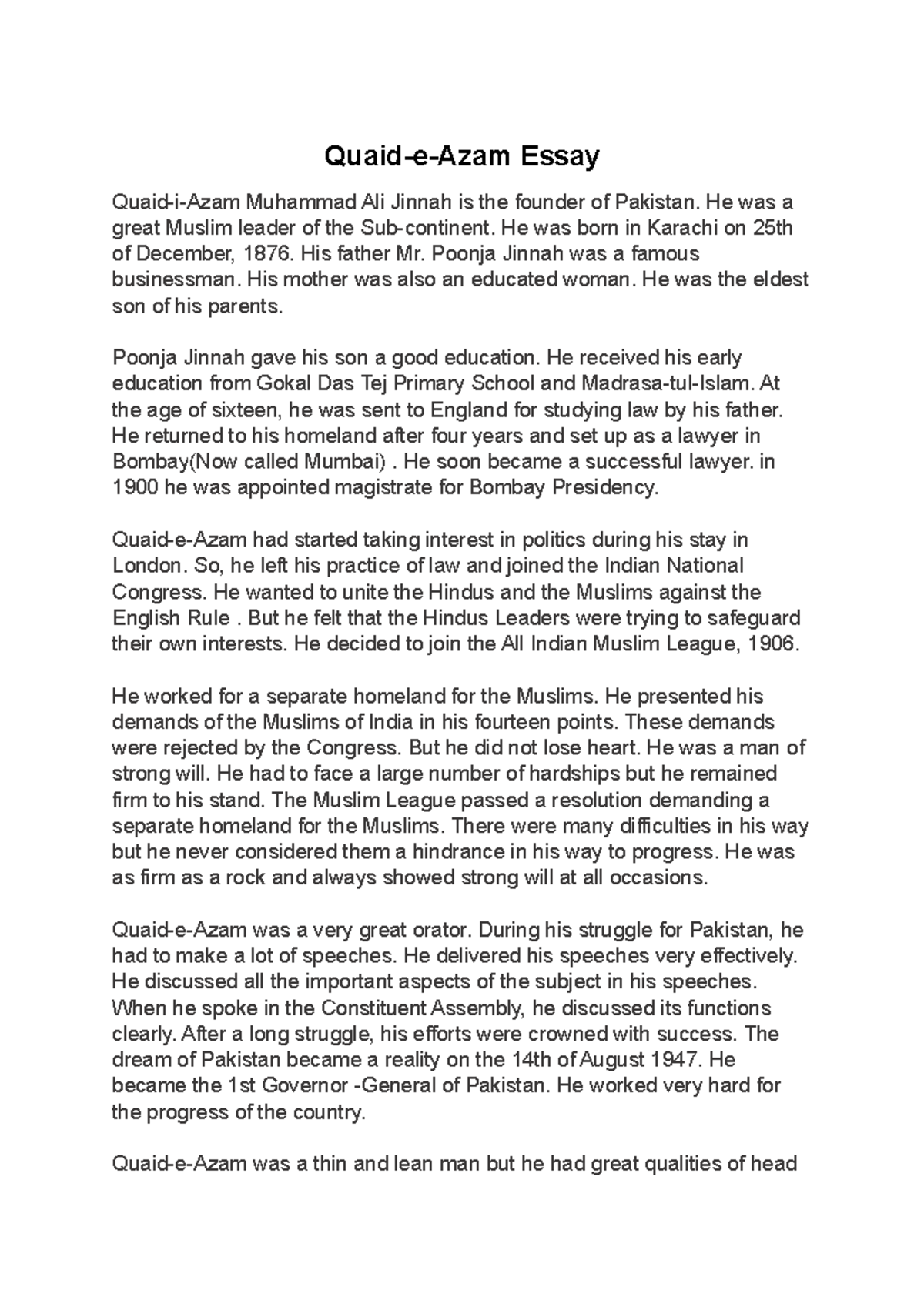 Quaid e azam essay - Quaid-e-Azam Essay Quaid-i-Azam Muhammad Ali ...