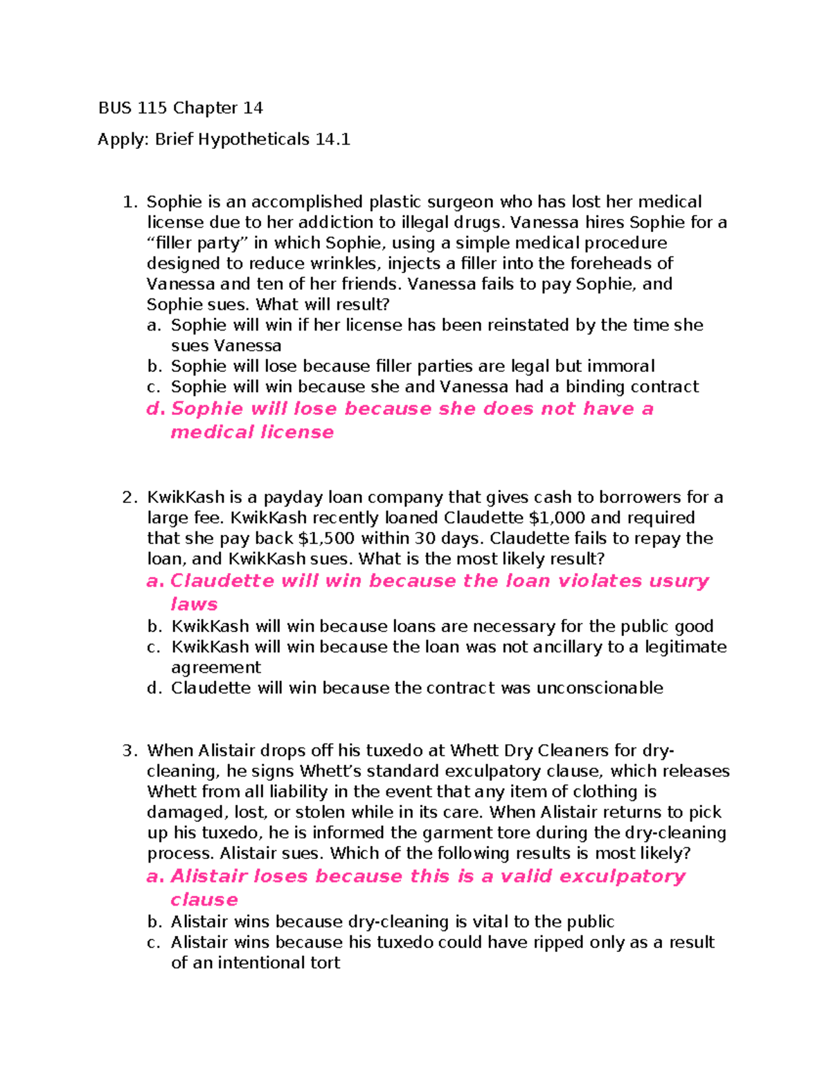 BUS 115 Chapter 14 Hypotheticals: Legal Scenarios & Outcomes - Studocu