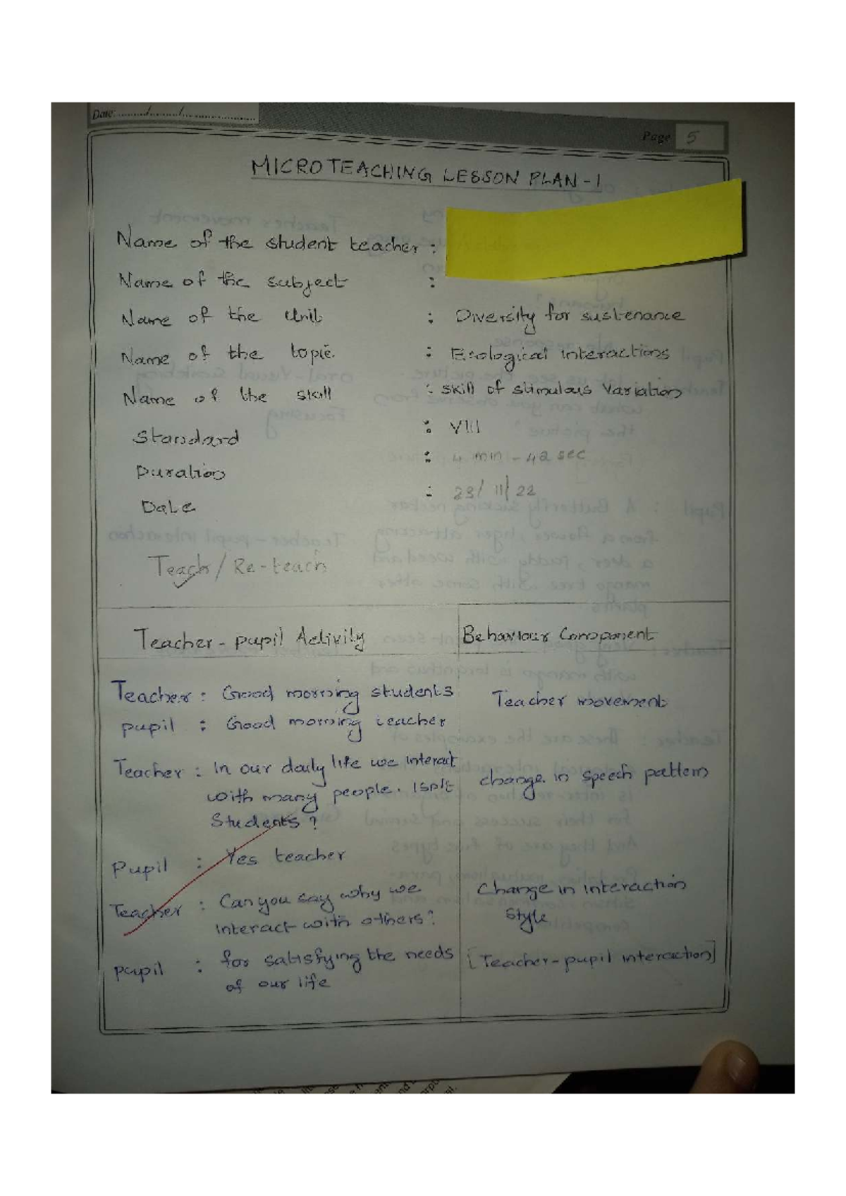 MICRO TEACHING LESSON PLAN: Ecological Interactions (Skill of Stimulus ...
