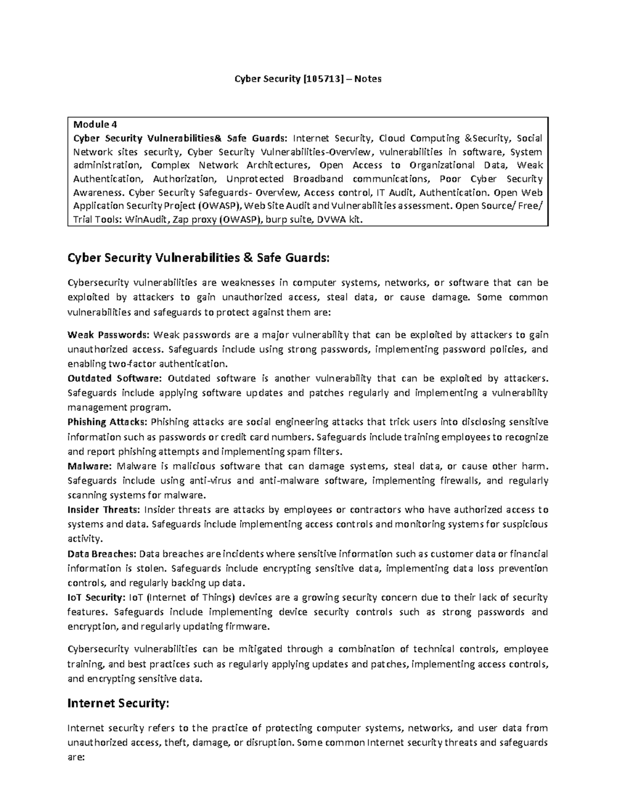 Cyber Security [105713]: Vulnerabilities & Safeguards Overview - Studocu