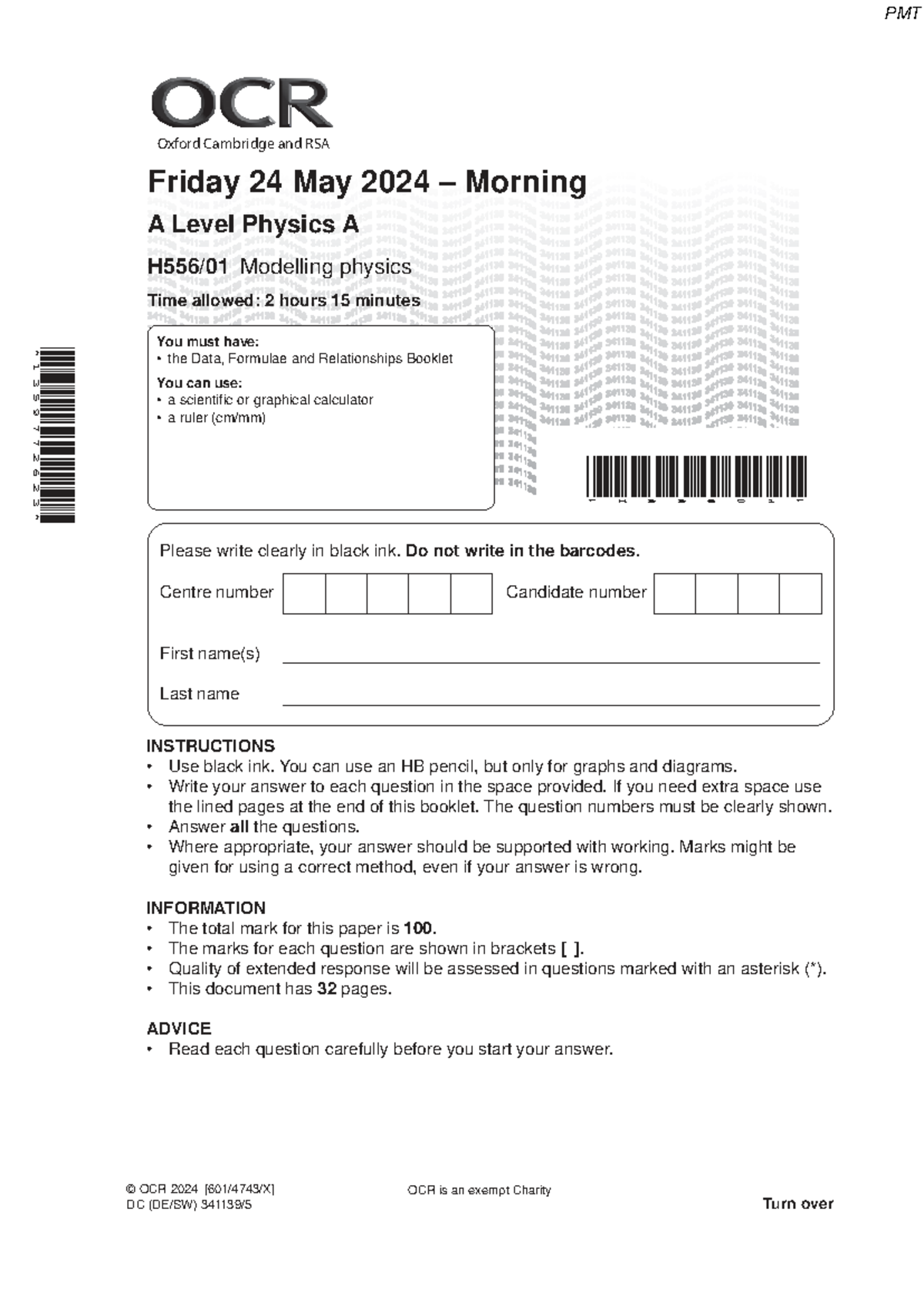 A Level Physics A PMT Exam Paper - Friday 24 May 2024 - Studocu