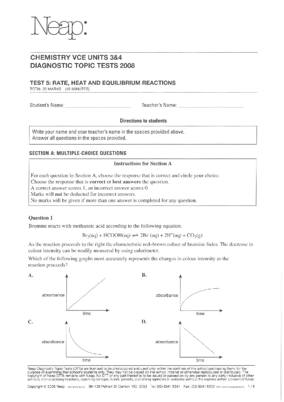 CHEMISTRY VCE UNITS DTT: RATE, HEAT & EQUILIBRIUM REACTIONS TEST 5 ...
