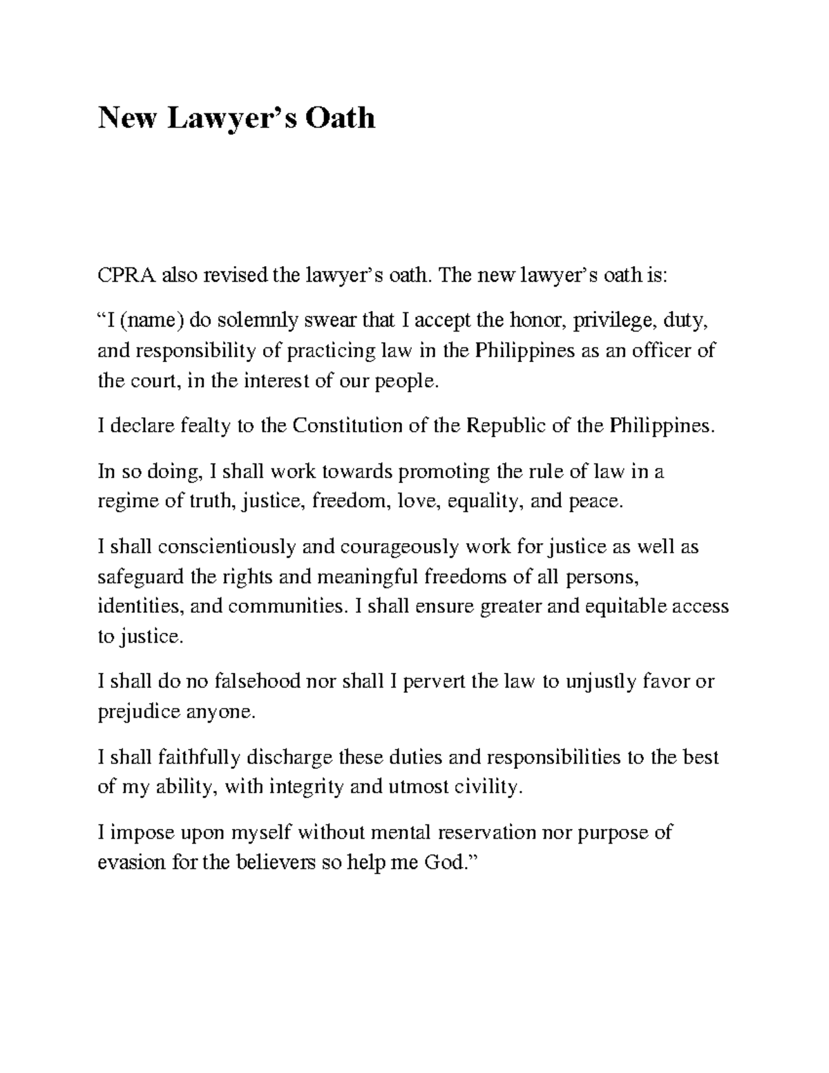 Revised Lawyer's Oath for Legal Practitioners in the Philippines - Studocu