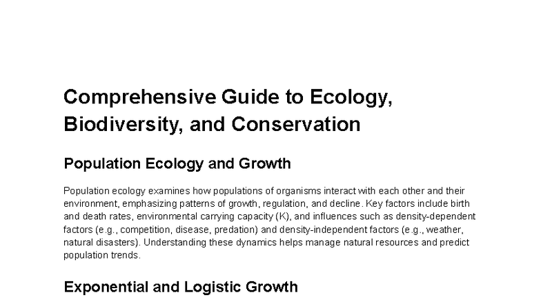 Comprehensive Study Guide on Ecology, Biodiversity, and Conservation ...