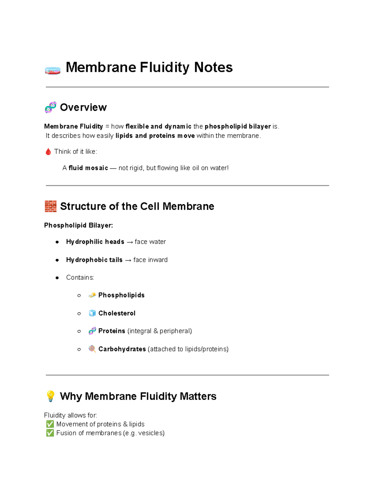 🧫 Membrane Fluidity Notes: Overview and Key Concepts - Studocu