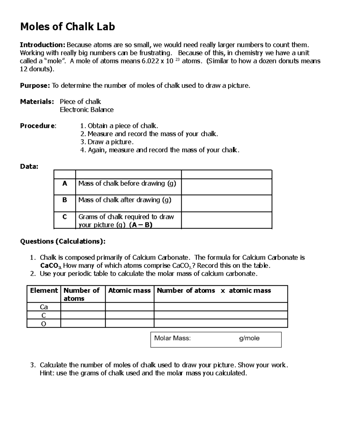 Copy of Moles of Chalk Lab - Moles of Chalk Lab Introduction: Because ...