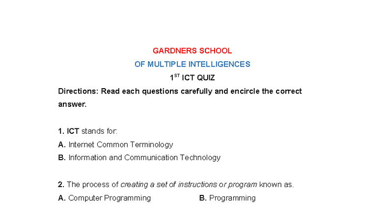 ICT 1ST QUIZ - GARDNERS SCHOOL OF MULTIPLE INTELLIGENCES - Studocu