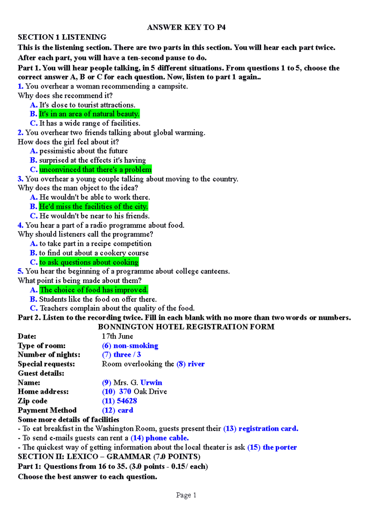 P4-KEY: Listening Section Answer Key and Lexico Grammar Solutions - Studocu