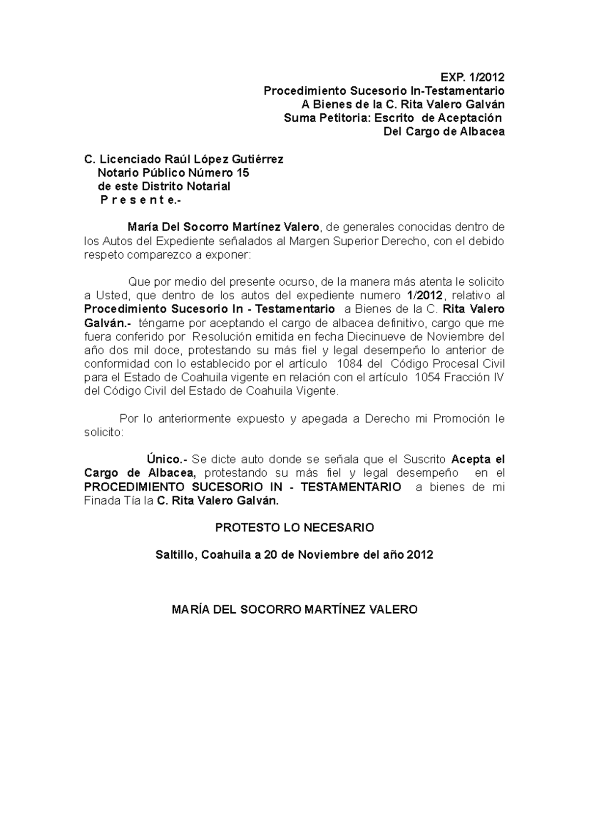Escrito DE Aceptacion DEL Cargo DE Albacea - EXP. 1/ Procedimiento ...