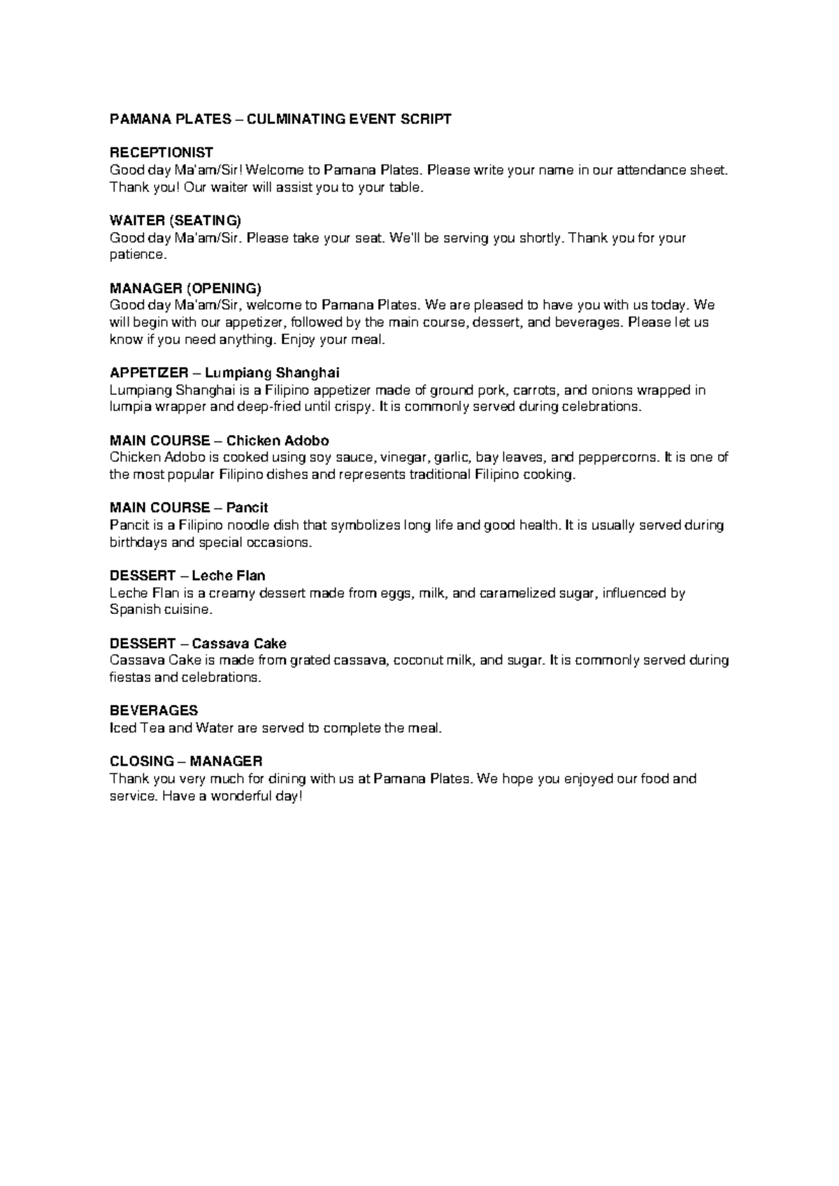 PAMANA PLATES Culminating Event Script for Receptionists - Studocu