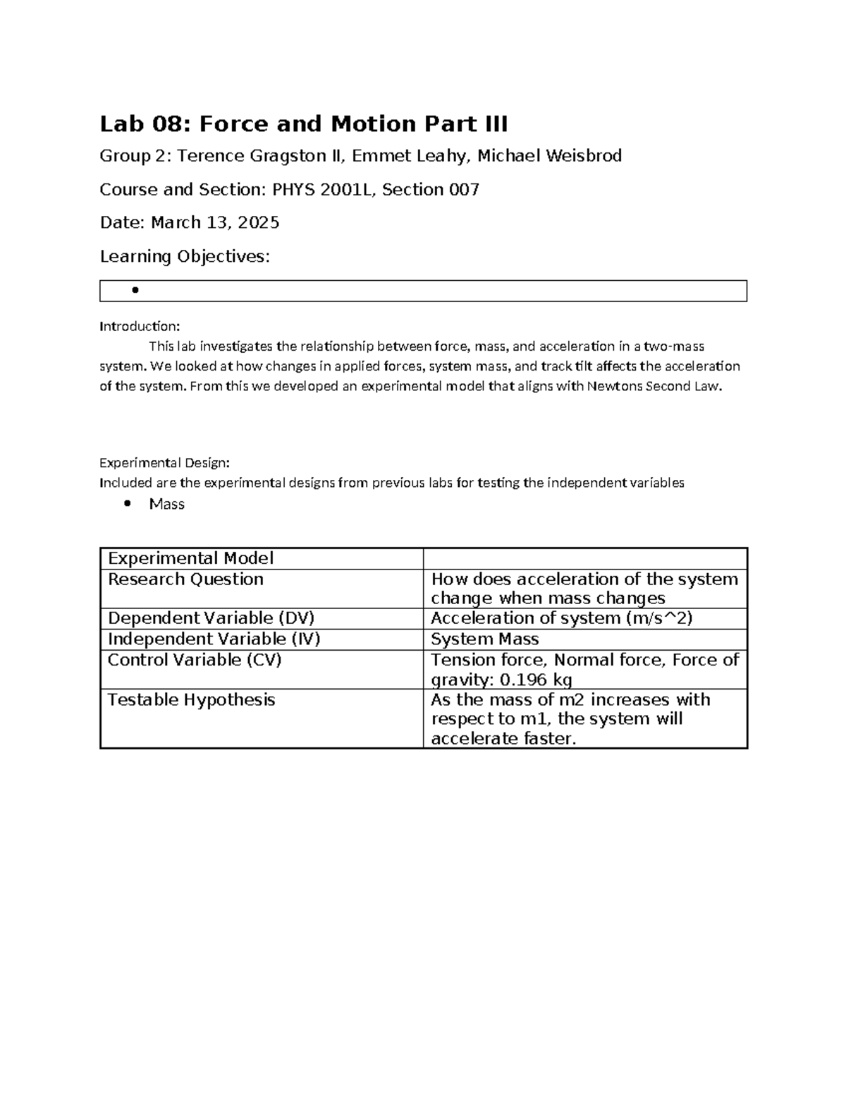 Lab 08 - Force and Motion Part III - Lab 08: Force and Motion Part III ...