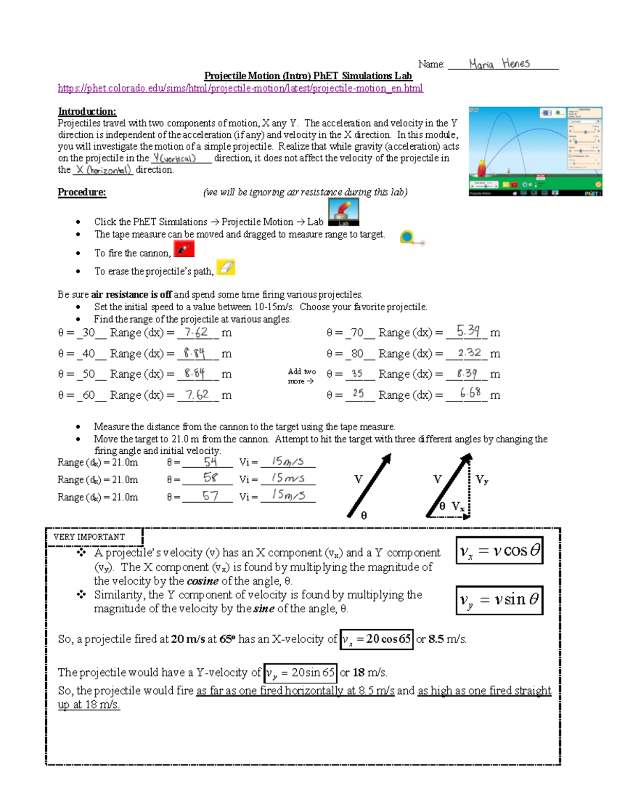 Projectile Motion Lab (Intro) - PhET Simulations Guide - Studocu