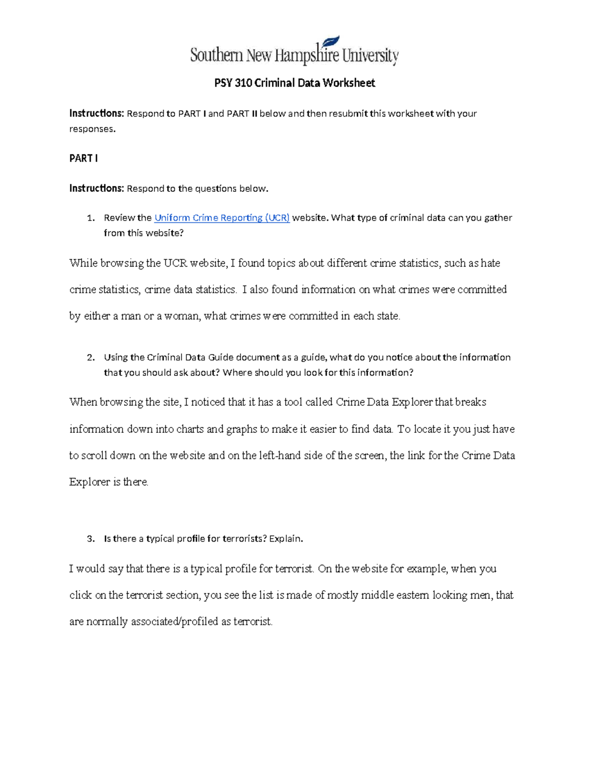 PSY 310 Criminal Data Worksheet: UCR Analysis & Case Study Responses ...