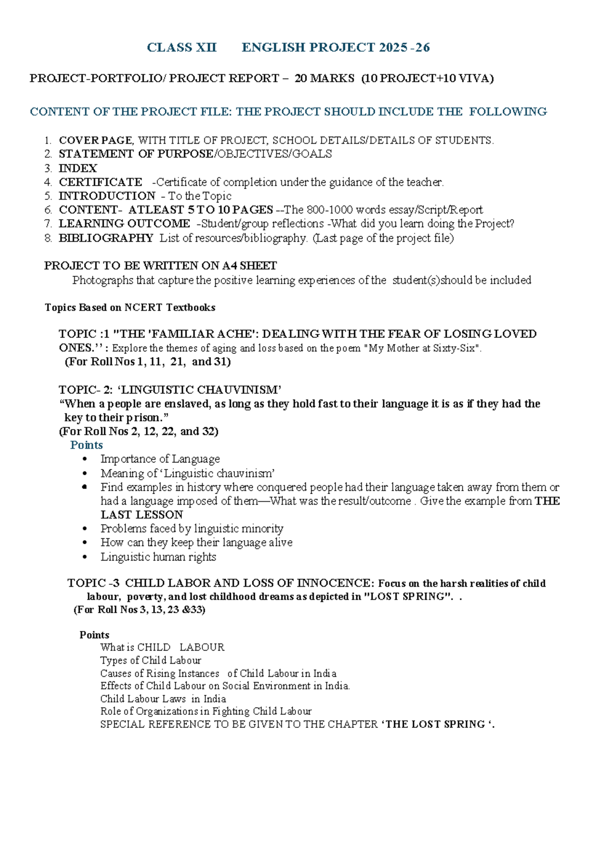 Class XII English Project Report 2025-26: Themes & Analysis - Studocu