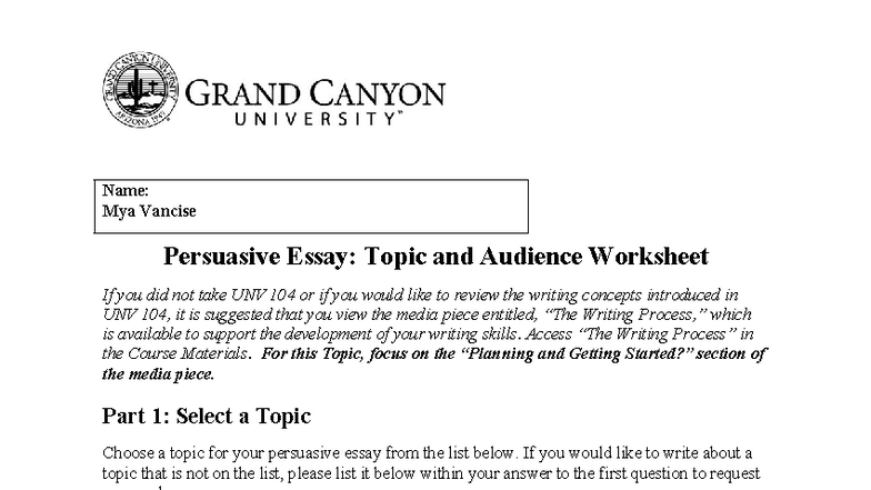 PHI 105 Persuasive Essay Topic & Audience Worksheet - Studocu