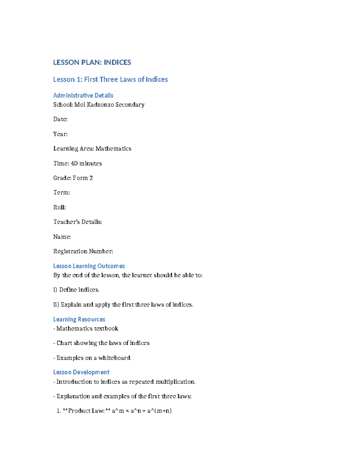 Lesson plan: Indices for form 2 mathematics - Studocu