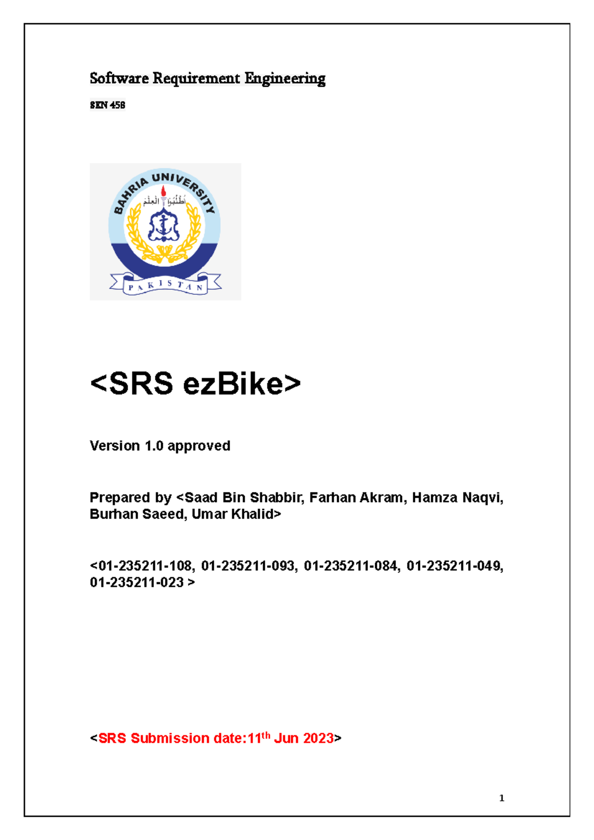 Srs document 1 - Software Requirement Engineering SEN 458 Version 1 approved - Studocu