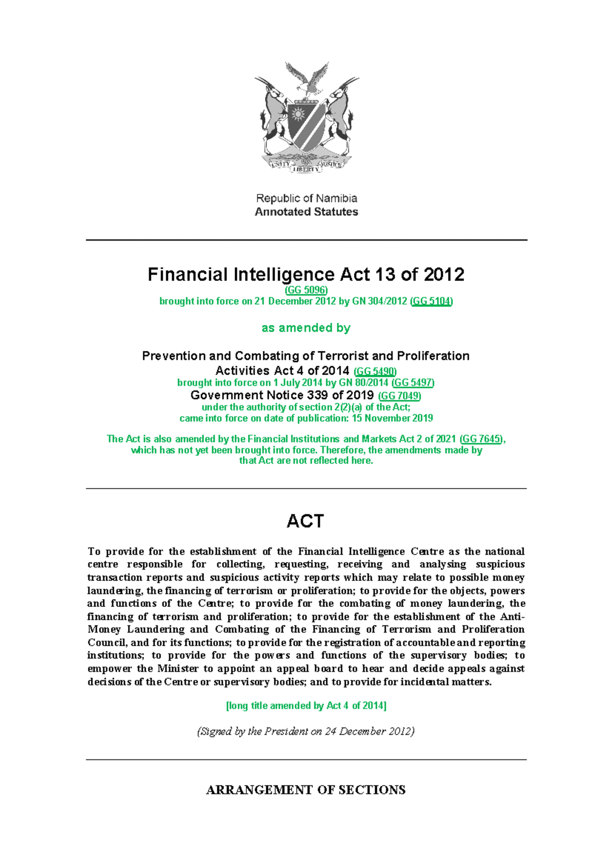 Financial Intelligence Act 13 of 2012: Overview and Amendments - Studocu