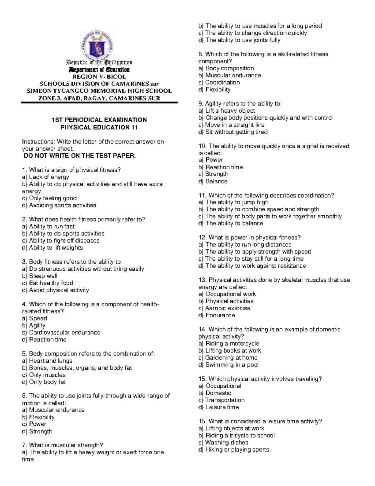 PE 11 1ST Periodical Exam - Physical Fitness Evaluation Questions - Studocu