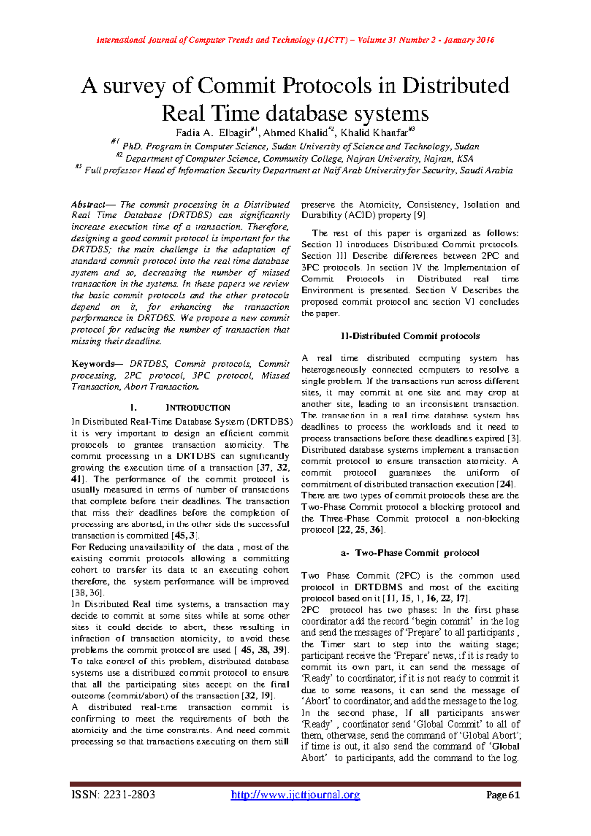 A Survey of Commit Protocols in DRTDBS - IJCTT Vol 31 No 2 - Studocu