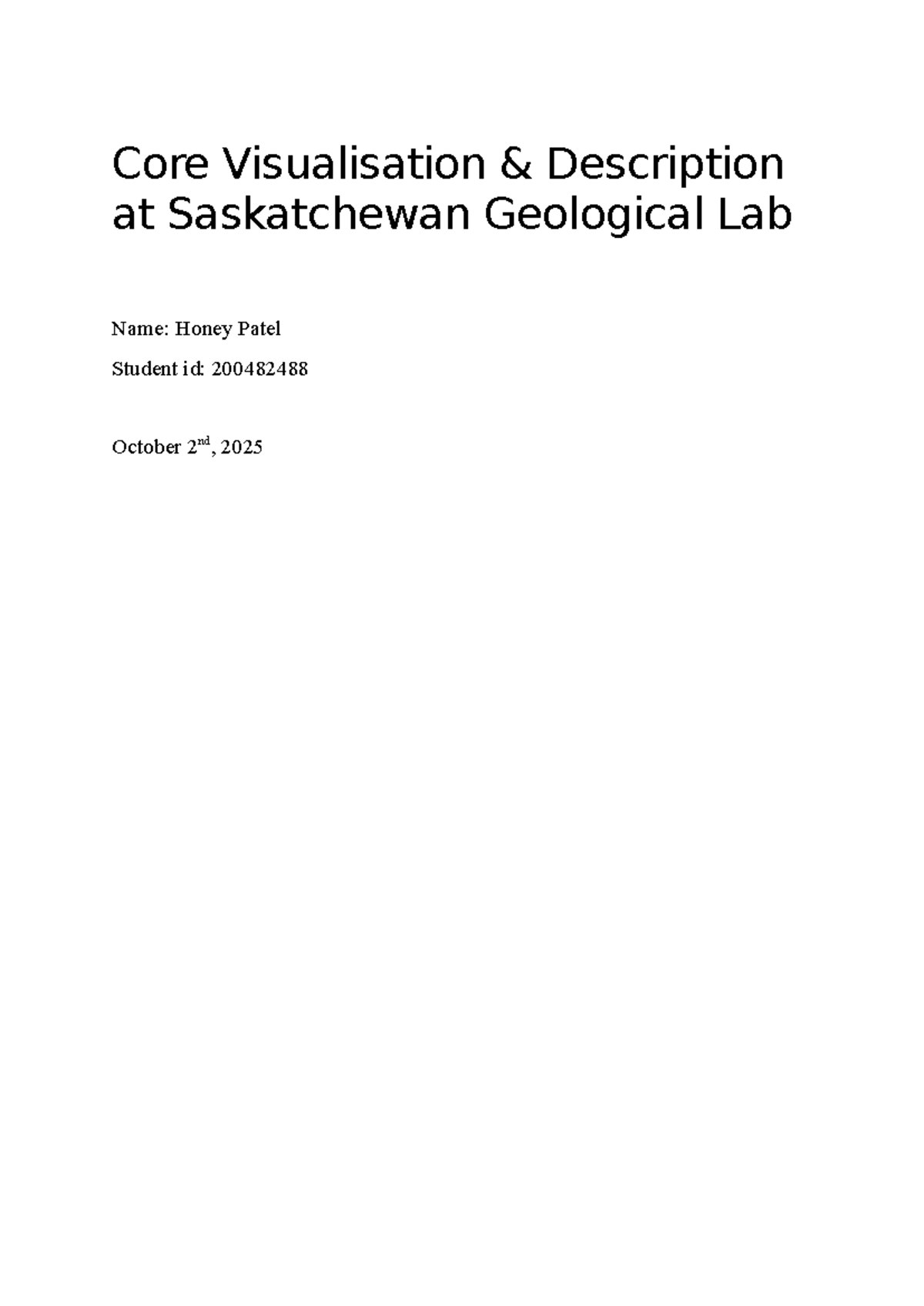 Core Visualization Lab Report: Cores from Saskatchewan Geological Lab 2 ...