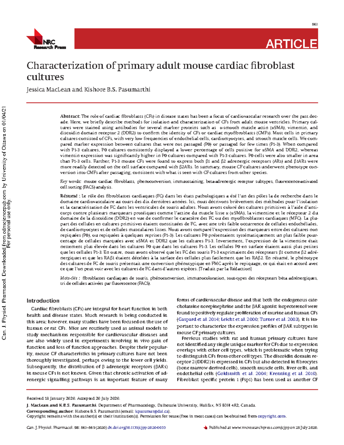 Title: Characterization of Primary Adult Mouse Cardiac Fibroblasts ...