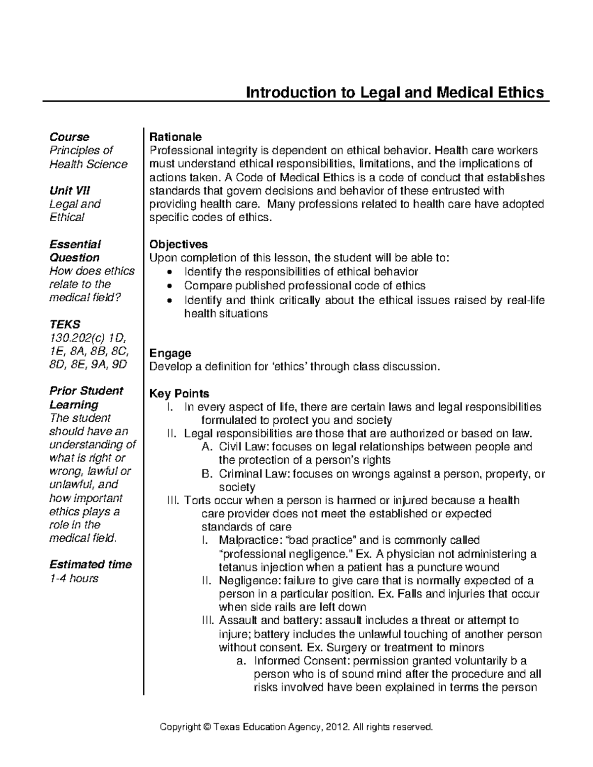 Legal and Medical Ethics Outline for Principles of Health Science - Studocu