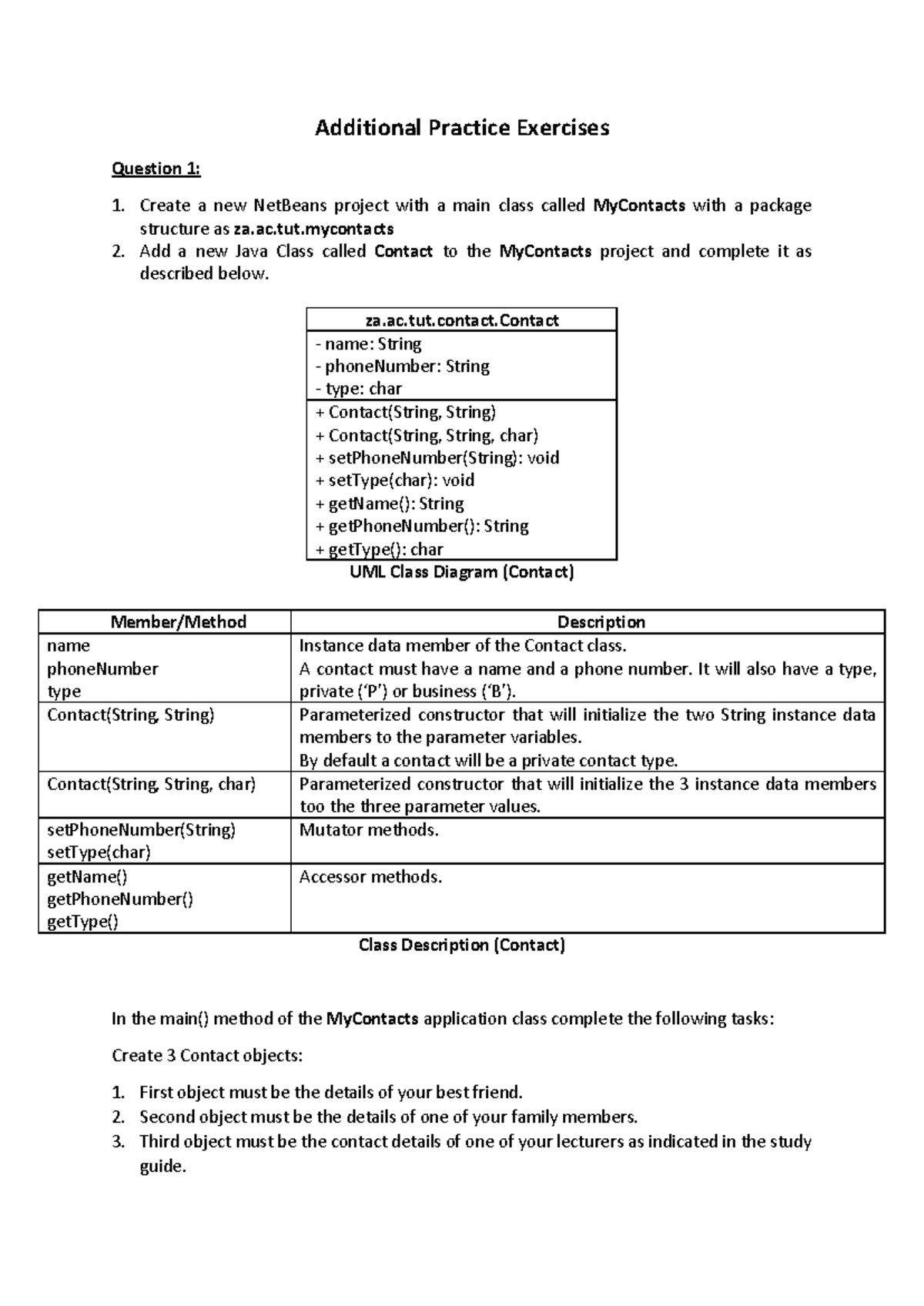 Concrete Classes Exercises with Packages - za.ac.tut Practice Tasks ...